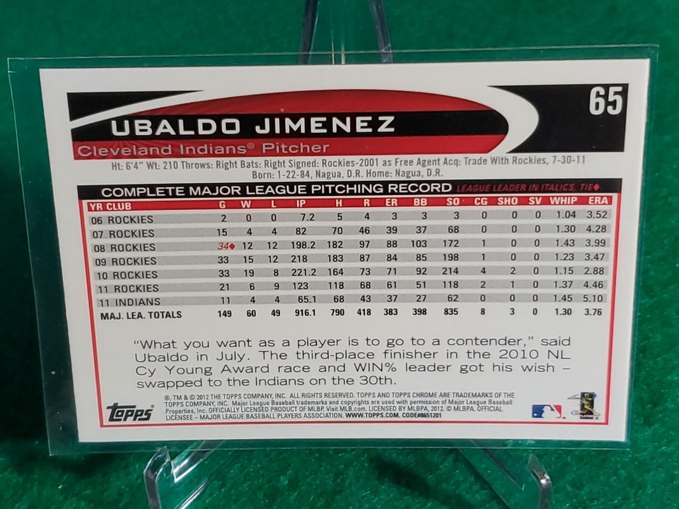 2012 Topps Chrome Cleveland Indians Baseball Card #65 Ubaldo Jimenez | eBay