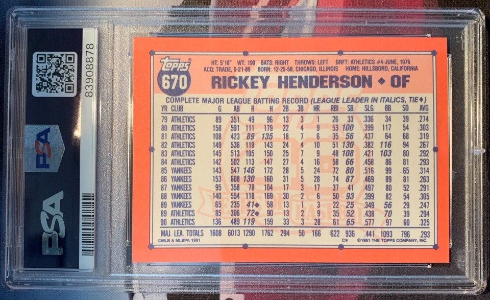 1991 TOPPS TIFFANY RICKEY HENDERSON #670 PSA 10 GEM MINT HALL OF FAME ...