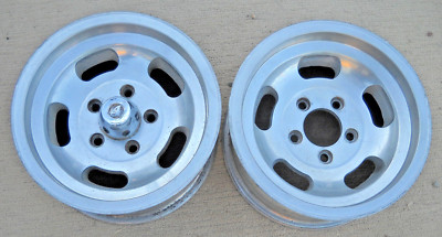 PAIR OF VINTAGE APPLIANCE PLATING 14"x7" ALUMINUM SLOT MAG WHEELS. GM 5 ...