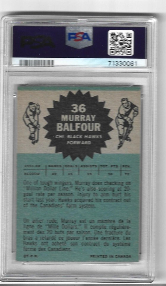 1962 TOPPS MURRAY BALFOUR #36 PSA 7 CHICAGO BLACK HAWKS | eBay