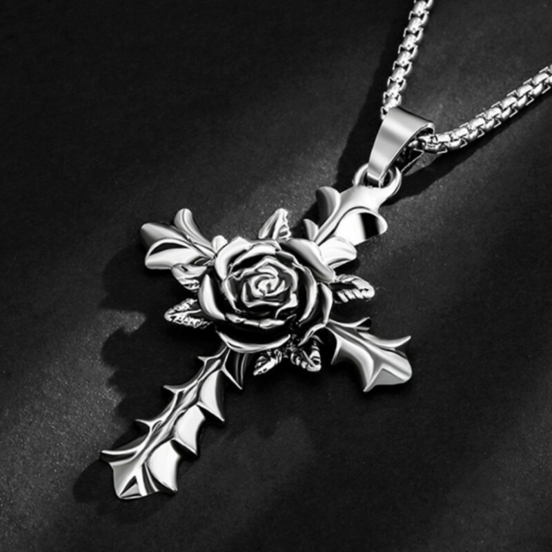 Vintage Silver Rose Cross Pendant Christian Necklace Stainless Steel ...