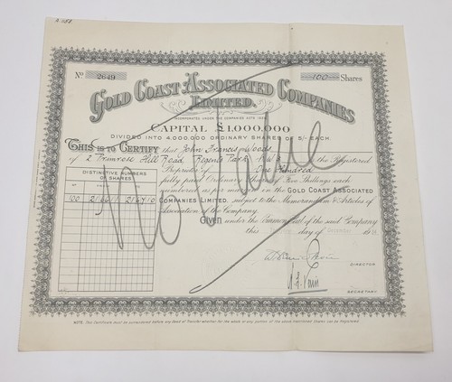 Vintage Gold Coast Associated Companies 100 Shares Certificate Number ...
