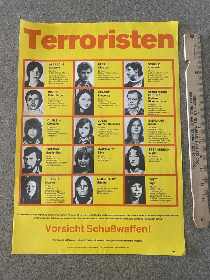 ORIGINAL 1980 RED ARMY FACTION WANTED FBI POSTER GERMAN MUGSHOTS *VERY ...