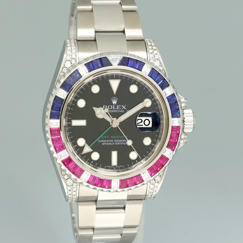 MINT Diamond Ruby & Sapphire Rolex GMT Master II 116710 Steel 40mm ...