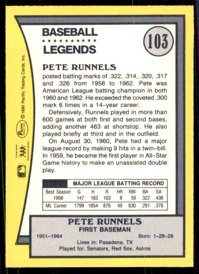 1990 Pacific Pete Runnels Baseball Cards #103 | eBay