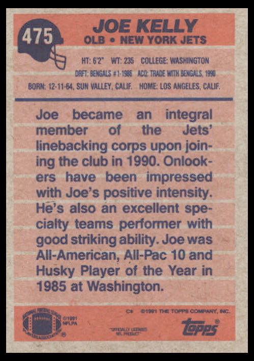 1991 Topps #475 Joe Kelly New York Jets Football Card | eBay