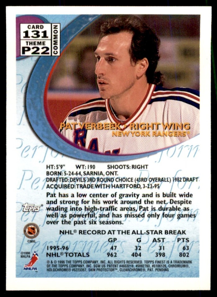 1996-97 FINEST WITH COATING PAT VERBEEK NEW YORK RANGERS #131 | eBay