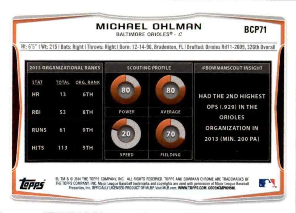 2014 Bowman Chrome #BCP71 Michael Ohlman Baltimore Orioles Baseball ...