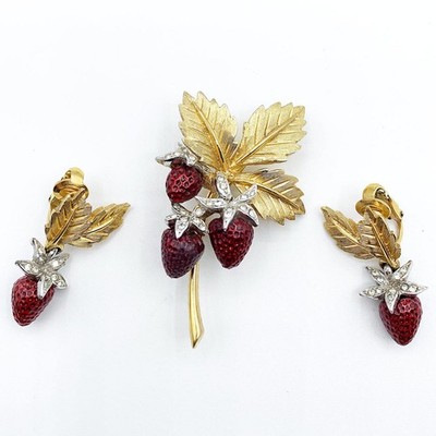 Vintage Boucher Strawberry Pin Brooch Clip Earrings Set Enamel ...