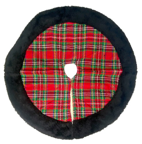 Small Red Plaid Christmas Tree Skirt Faux Fur Edge Hook Loop Tab ...