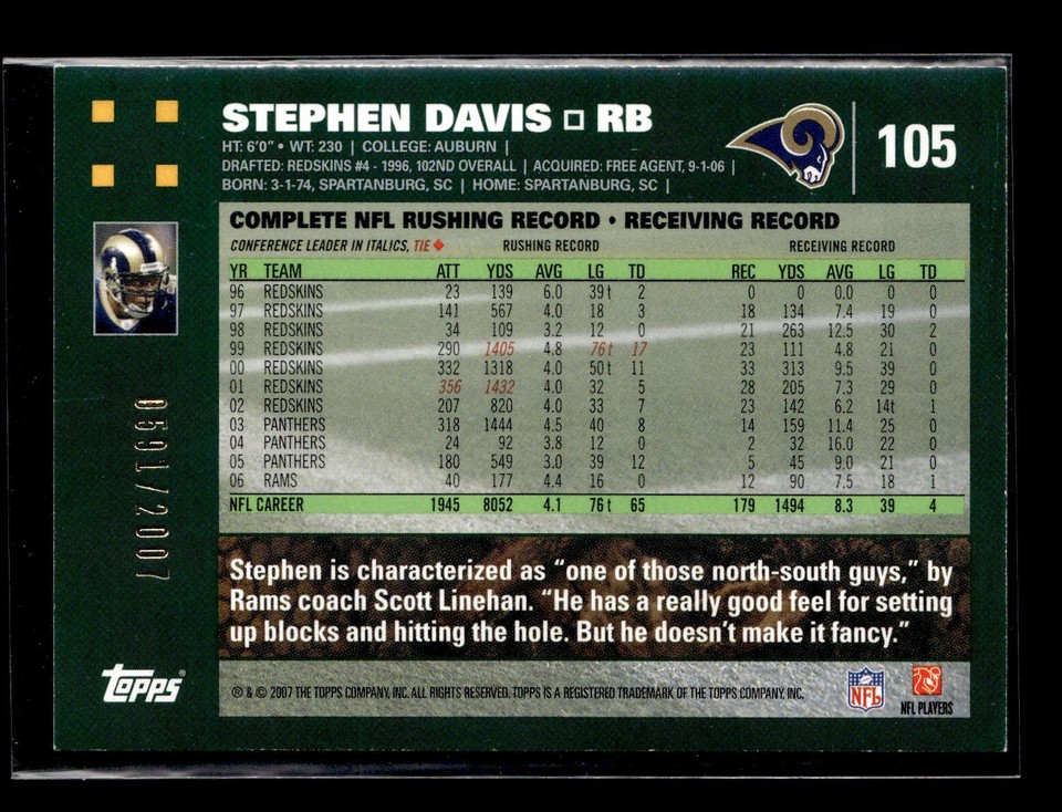 2007 Topps Copper #105 Stephen Davis /2007 St. Louis Rams | eBay