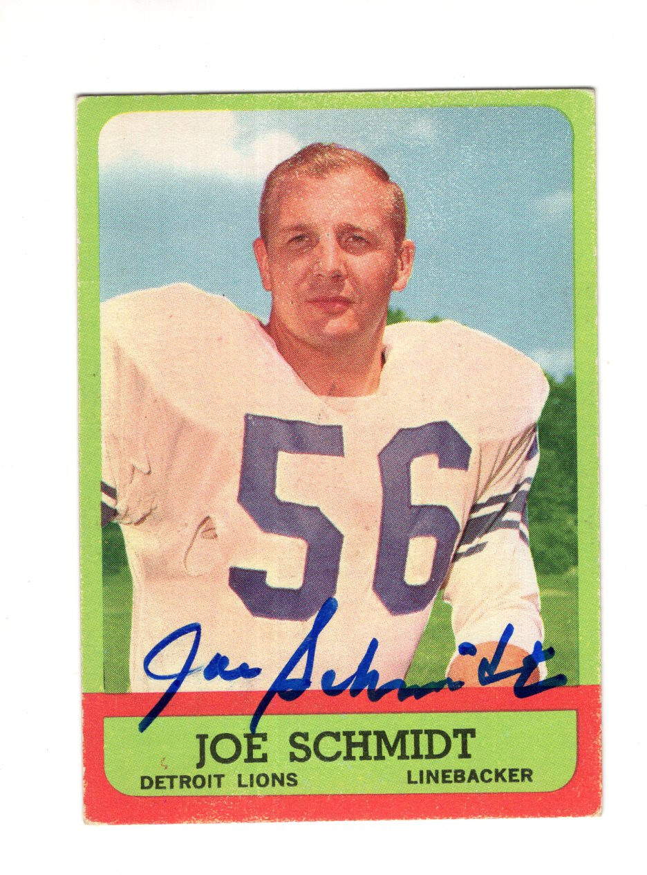 JOE SCHMIDT HAND SIGNED 1963 TOPPS FOOTBALL CARD+COA HOF DETROIT LIONS ...