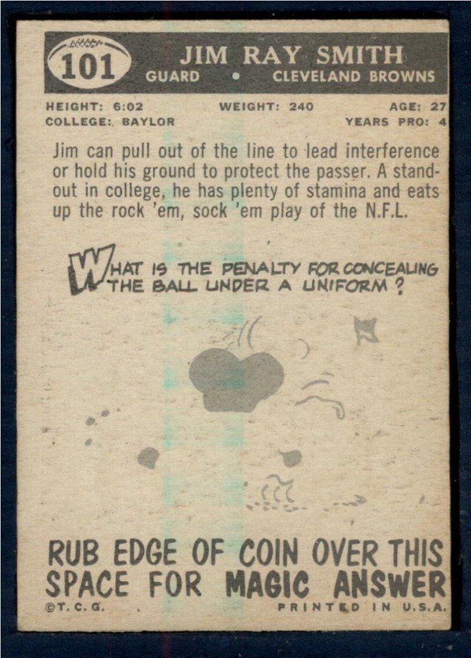 1959 Topps #101 Jim Ray Smith EX Excellent RC Rookie Browns UER ID ...