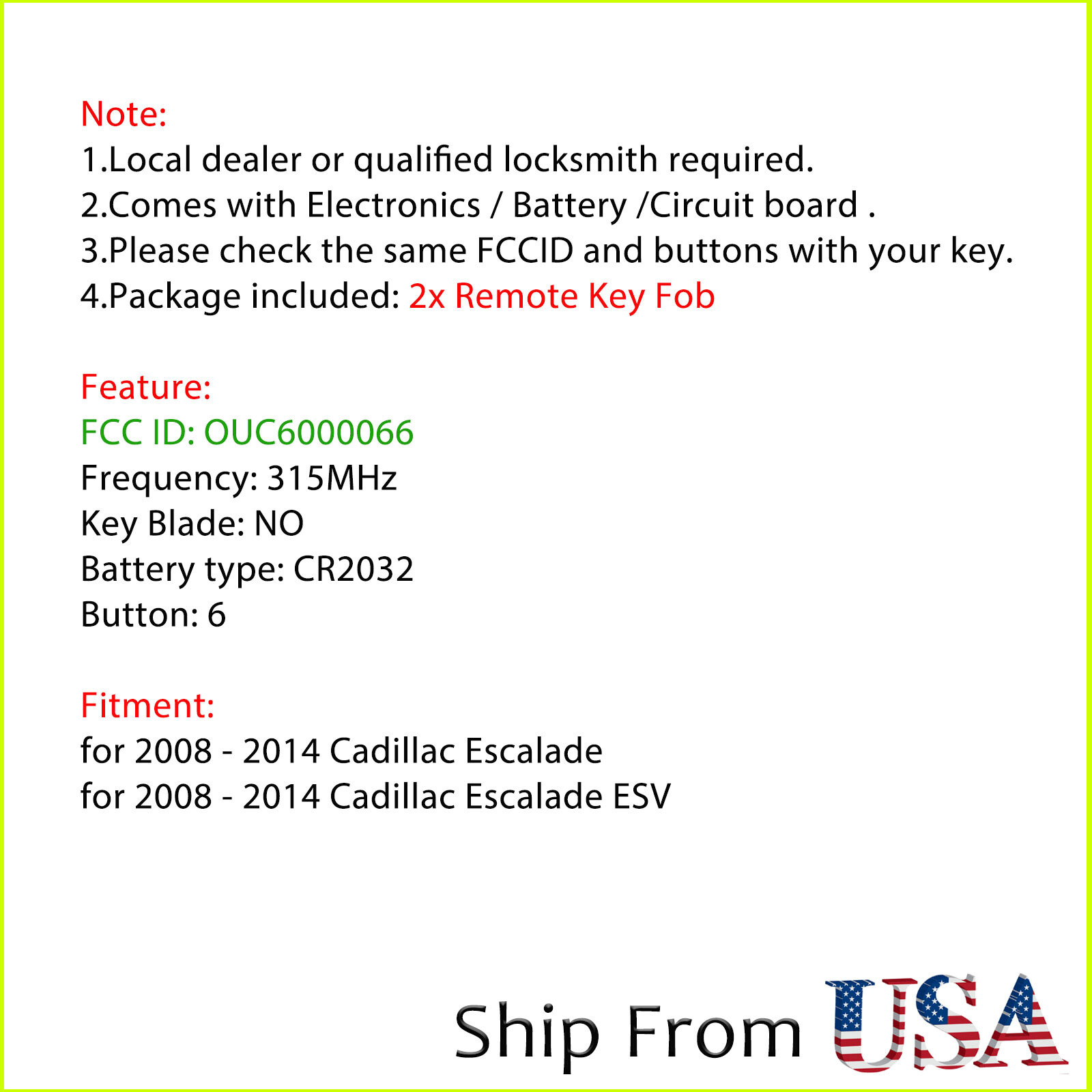 2 Replacement For 2007 - 2014 Cadillac Escalade 6B Remote SUV Key Fob ...