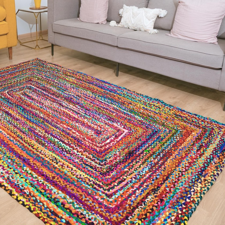 Multicolor Cotton Chindi Rug 5'x 8' Boho Rectangular Hand Braided Large ...
