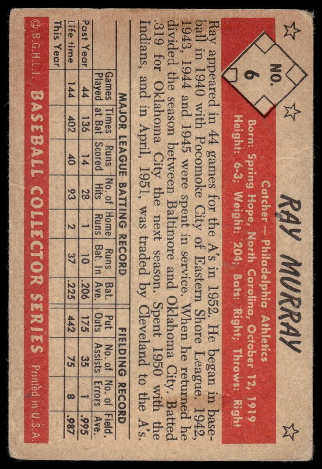 1953 Bowman Black & White #6 Ray Murray Philadelphia Athletics Very ...