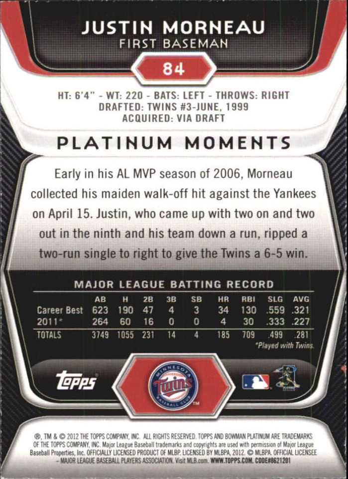 2012 (TWINS) Bowman Platinum Ruby #84 Justin Morneau | eBay