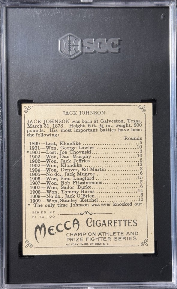 1910 Mecca T218 Jack JOHNSON - SGC 6 - Boxing HOF! High Grade!! Front ...