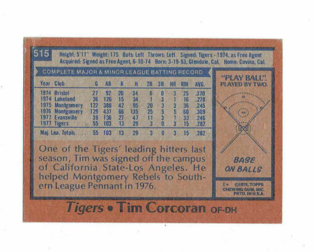 Tim Corcoran Detroit Tigers OF-DH #515 Topps 1978 #Baseball Card | eBay