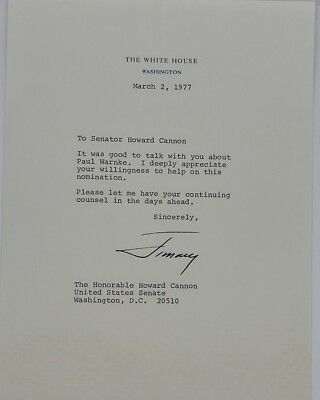 Jimmy Carter Signed White House Letter To Sen Howard Cannon About Paul ...