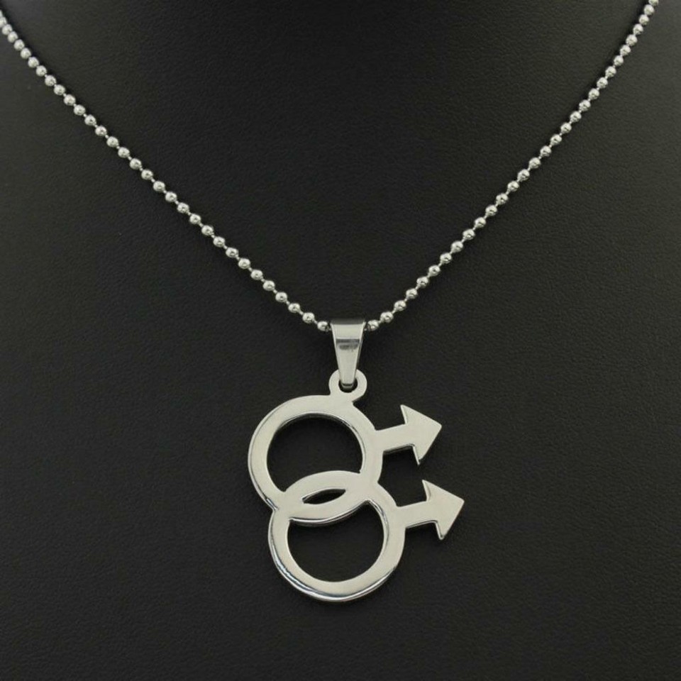 DOUBLE MALE SYMBOL NECKLACE Stainless Steel Chain Pendant LGBTQ Gay ...
