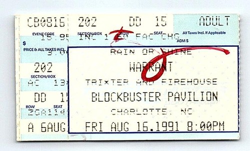 Warrant Trixter Concert Ticket Stub August 16 1991 Charlotte North ...