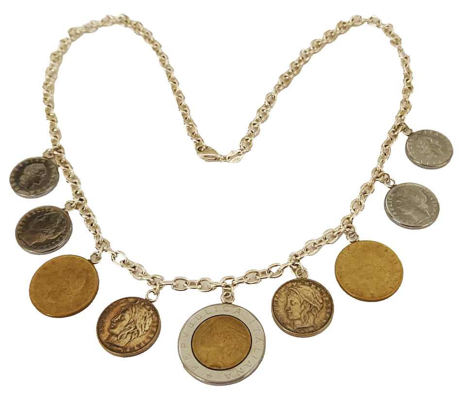 Milor Italy 925 Sterling Silver Italian Lire Coin Charm Rolo Chain ...