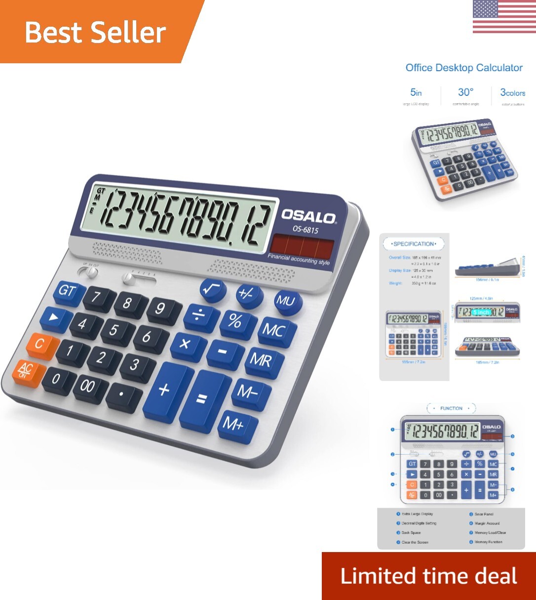 Large Display Desktop Calculator - 12-Digit Big Button Accounting ...