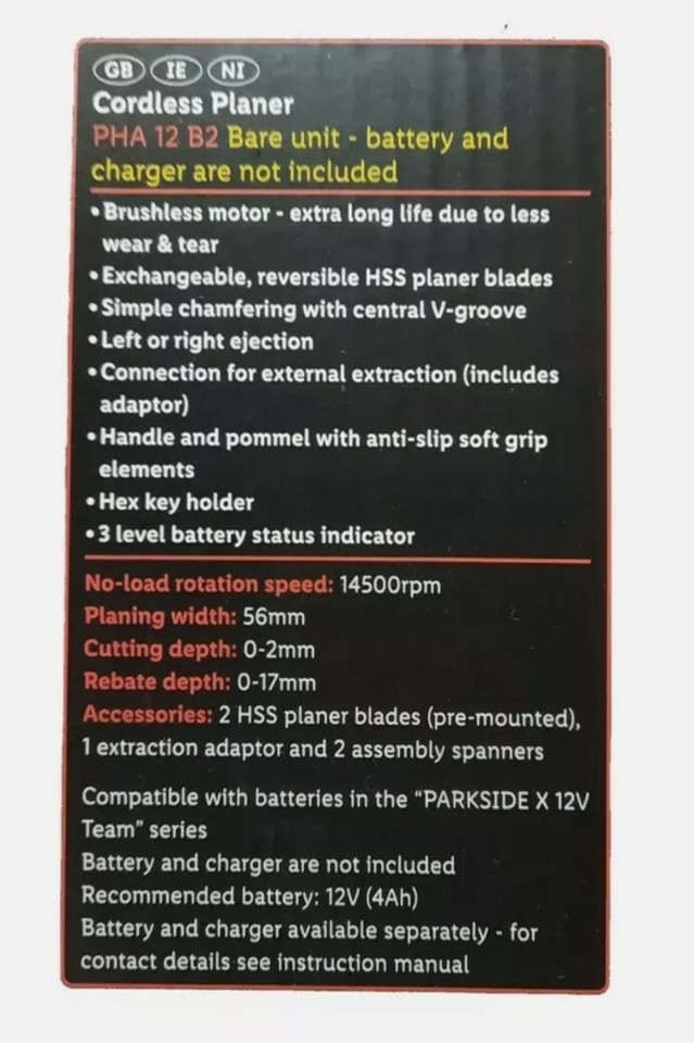 Parkside 12V Cordless Wood Planer + Access Brushless Motor - Bare Unit ...