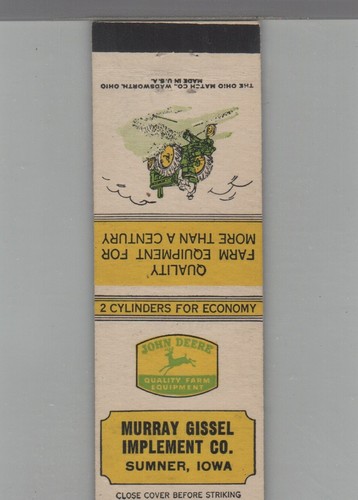 Matchbook Cover John Deere Tractor Dealer Murray Gissel Implement Co ...