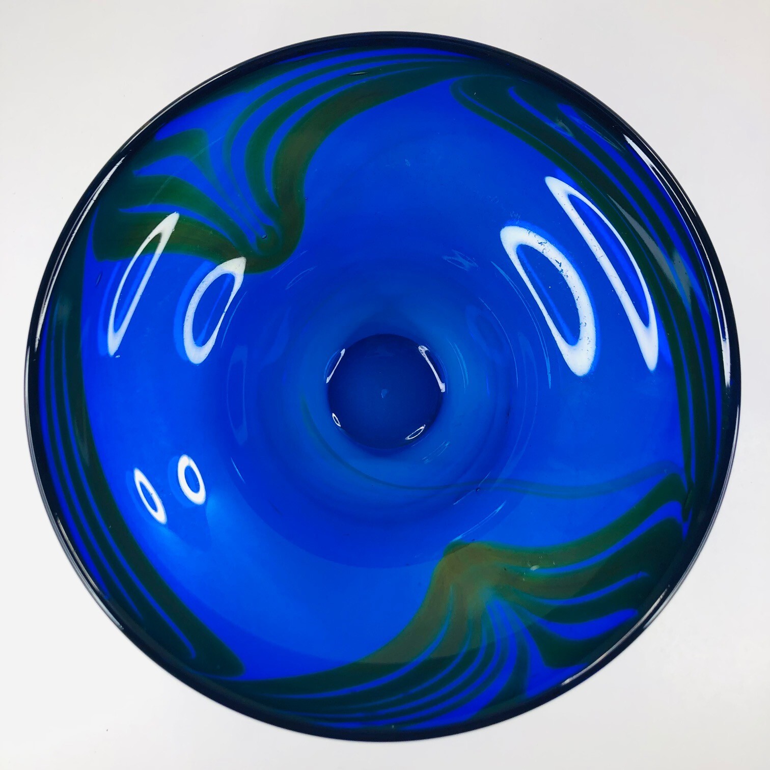 Ann Corcoran Cobalt Blue Art Glass Bowl with Sage Green Pulled Feather ...