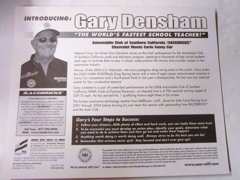 NHRA 05 Gary Densham Racebricks Monte Carlo Funny Car Drag Racing Track ...