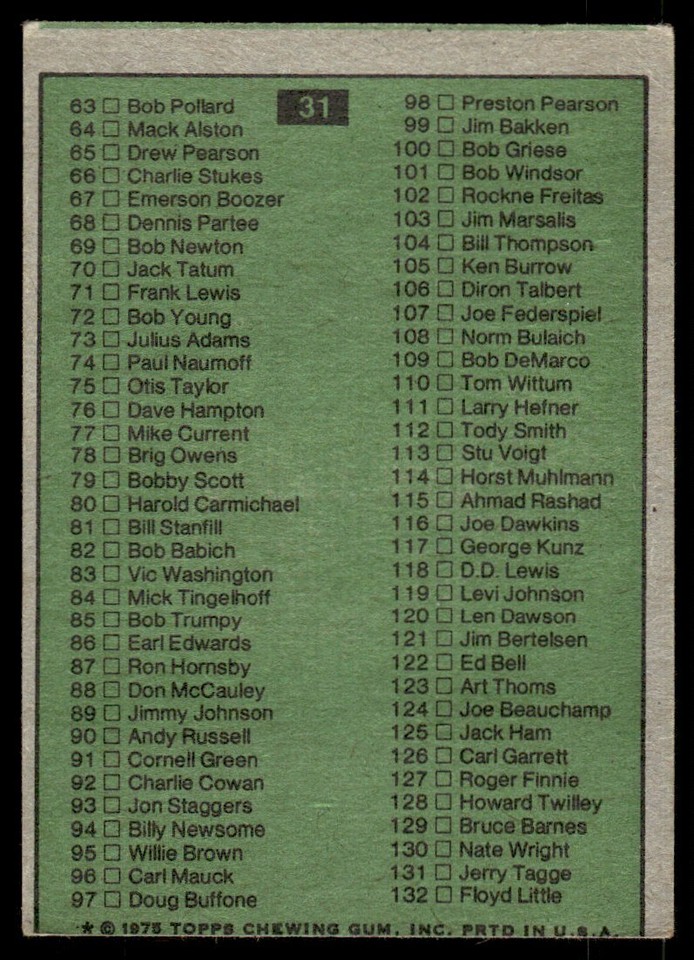 1975 Topps Football Card Checklist 1-132 Marked #31 VG | eBay