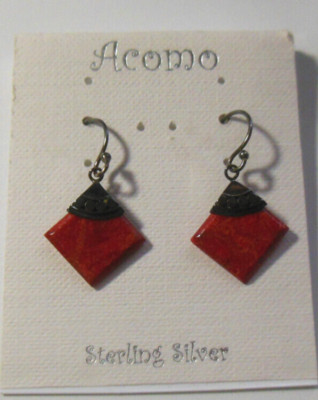 Acomo Sterling 925 Silver Red Coral Hook Earrings 1.1/8" Long | eBay