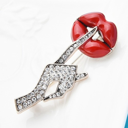 Hand Enamel Lip Brooches Rhinestone Fashion Party Pins Women Unisex ...