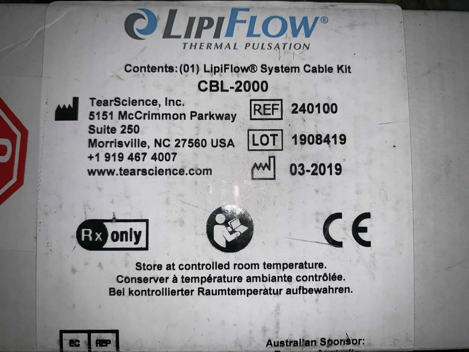Tear Science LIPIFLOW SYSTEM ACTIVATOR II CABLE KIT CBL-2000 Pn# 011729 ...