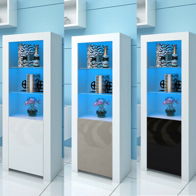 High Gloss Tall Display Cabinet with LED Light Transparent Glass Front ...