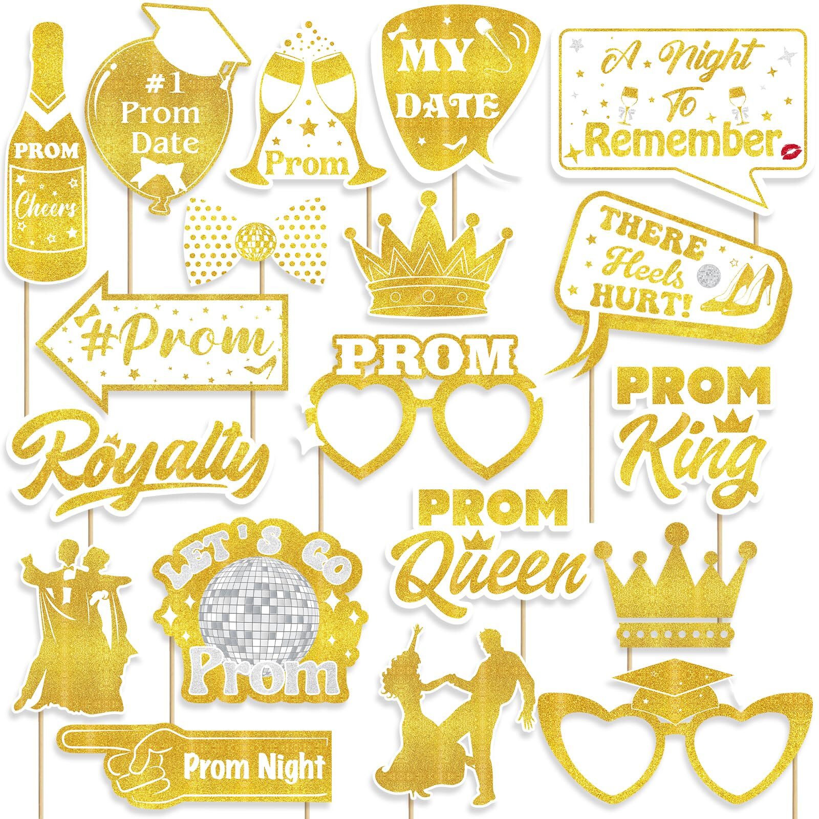 19 Pcs Prom Photo Booth Props Kit White Gold Selfie Photo Props for ...