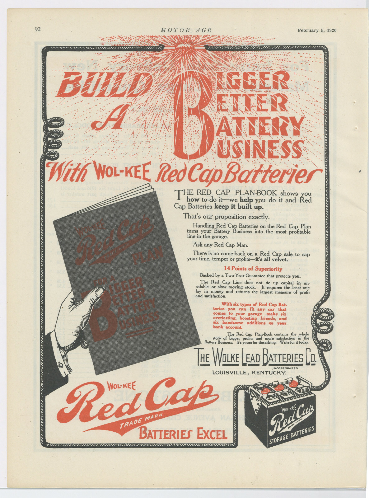 1920 Red Cap Batteries Advertisement: Wolke Lead Batteries, Louisville ...