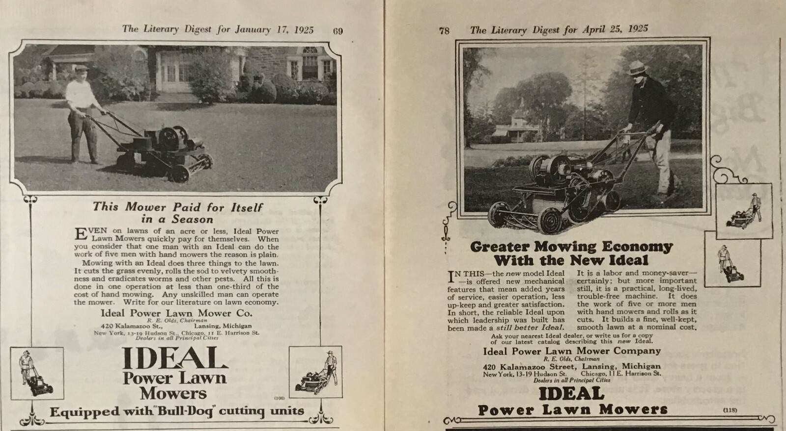 2 1925 magazine ads for Ideal Power Lawn Mowers - with "Bull dog ...