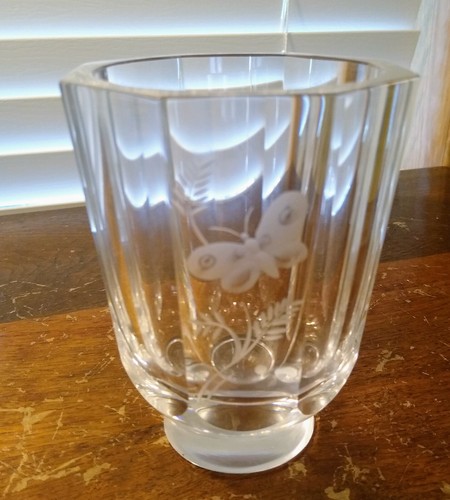 Vintage Orrefors Seven Sided Crystal Frosted Butterfly Vase Etched ...