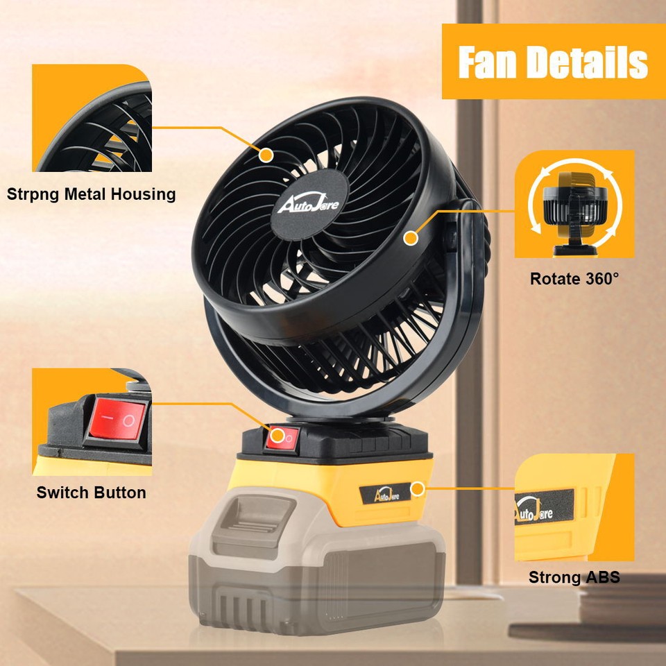 Portable Camping Fan with USB for Dewalt 20V Battery Workshop Jobsite ...