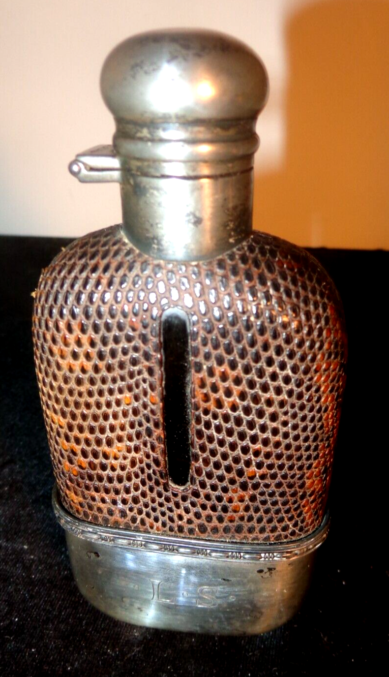 c1900 Vintage Whisky Flask w/ Sterling Silver Mounts & Lizard/Snake ...
