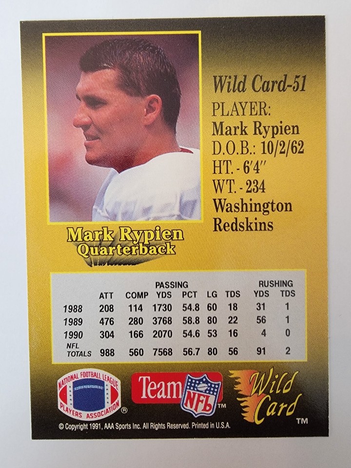1991 Wild Card Football Card #51 Mark Rypien Washington Redskins | eBay
