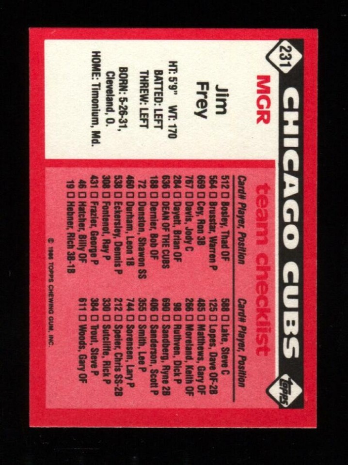 1986 Topps Tiffany #231 Jim Frey NM-MT Cubs | eBay
