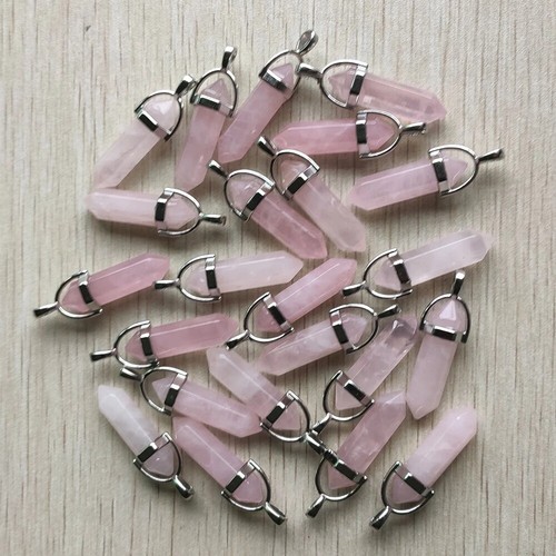 30pcs Natural Stone Rose Quartz Pendants Hexagonal Pillar Pendulum ...