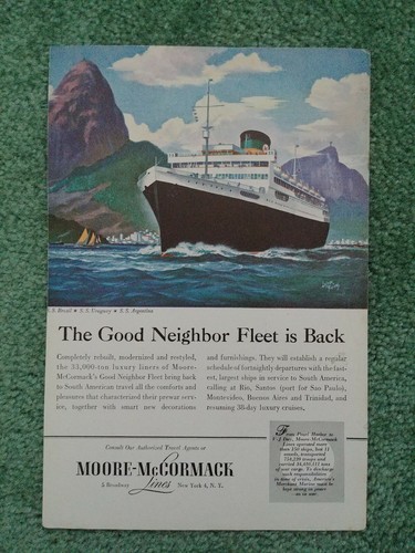 1948 Moore-McCormack Lines Good Neighbor Fleet Cruise Lines WWII Troop ...
