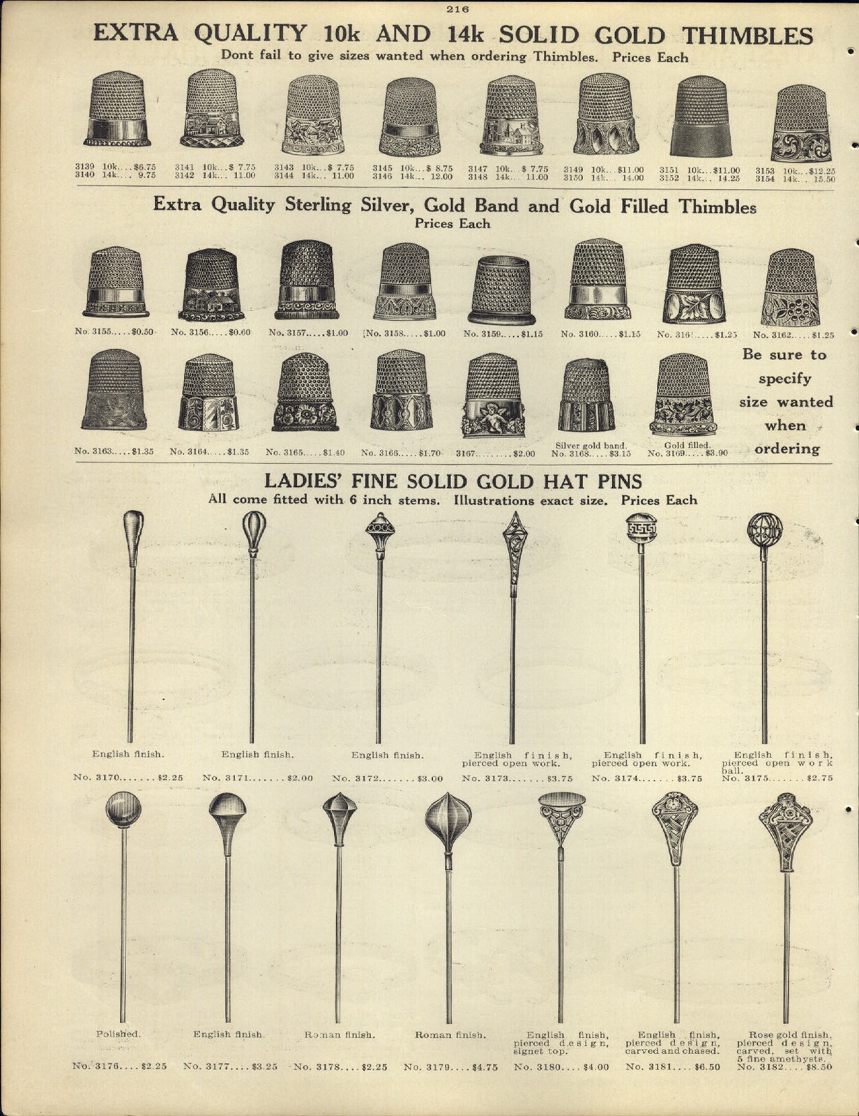 1918 PAPER AD 3 PG 10K 14K Solid Gold Thimbles Hat Pins Tortoise Hair ...