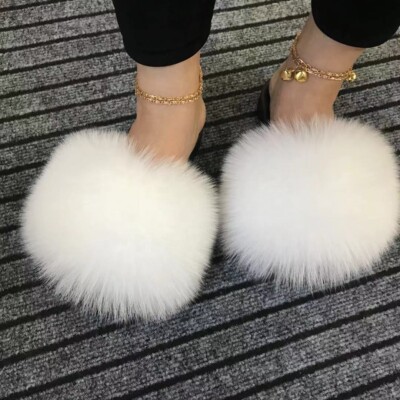 Women's Real Fox Fur Slides Max Large XXL Slippers Sandals Indoor ...