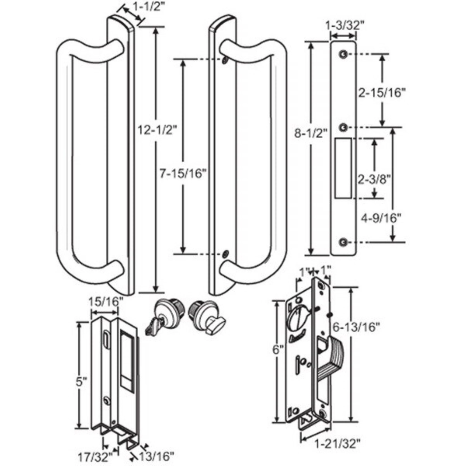 PGT 5400 Sliding Door White Handle Set w/ Mortise Lock and Keys |12.5 ...